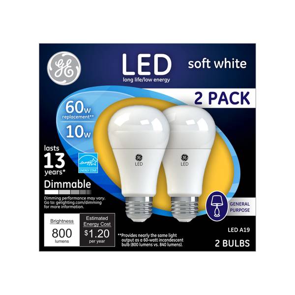 GE 2-Pack 10-Watt Dimmable LED Soft White A19 Light Bulbs - 67591 ...