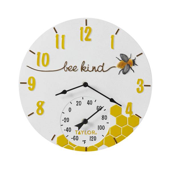 Taylor 14" Bee Kind Indoor/Outdoor Poly Resin Clock with Thermometer ...
