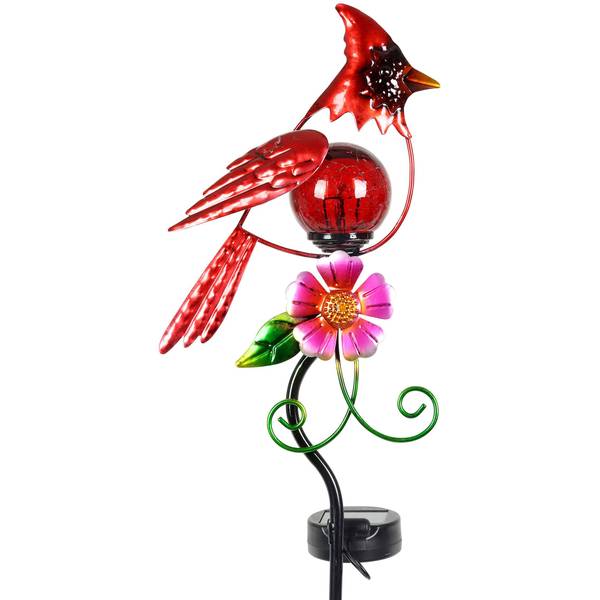 Exhart Solar Metal Cardinal with Crackle Ball and Flower Garden Stake ...