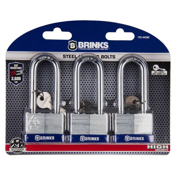 Brinks 3-Pack 44MM 2-3/8" Shackle Laminated Steel Keyed Padlock - 172 ...