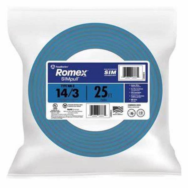 Southwire 25' 14/3 Solid Romex SIMpull CU NM-B W/G Wire Blue Coil ...