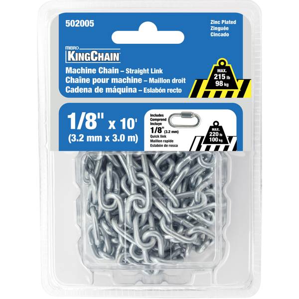 King Chain 1/8" x 10' Straight Link Machine Chain, Zinc-Plated - 502005 ...