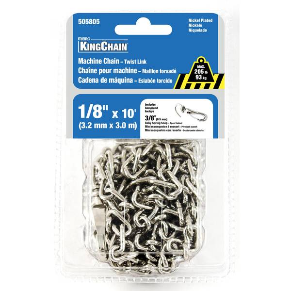 King Chain 1/8" x 10' Twist Link Machine Chain, Nickel-Plated - 505805 ...