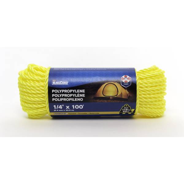 King Chain 1/4" x 100' Twisted Polypropylene Rope, Yellow - 300051BGP05 ...