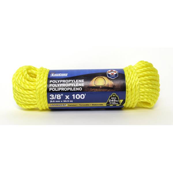 King Chain 3/8" x 100' Twisted Polypropylene Rope, Yellow - 300081BGV1 ...