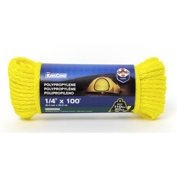 King Chain 1/4" x 100' Hollow Core Polypropylene Rope, Yellow ...