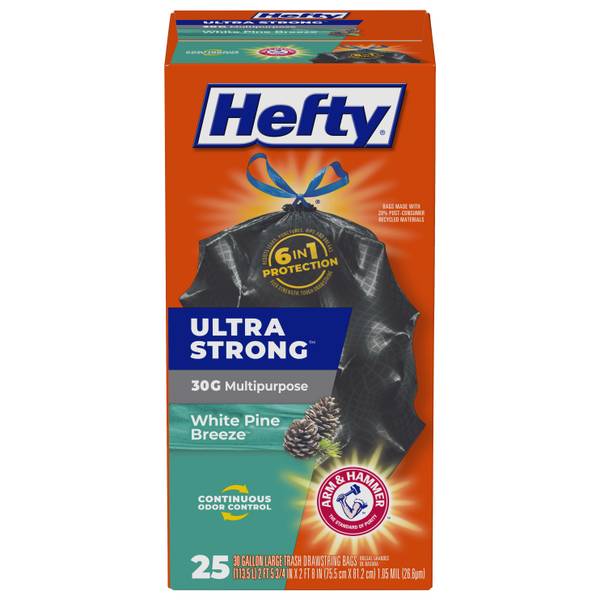 Hefty 25-Count, 30 Gallon Ultra Strong Outdoor Waste Bags, White Pine ...
