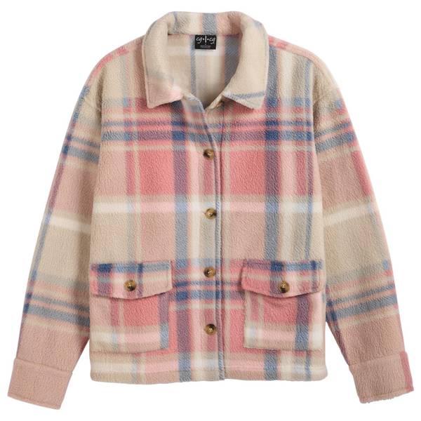 CG | CG Women's Cropped Button Front Polar Fleece Plaid Jacket, Pink ...